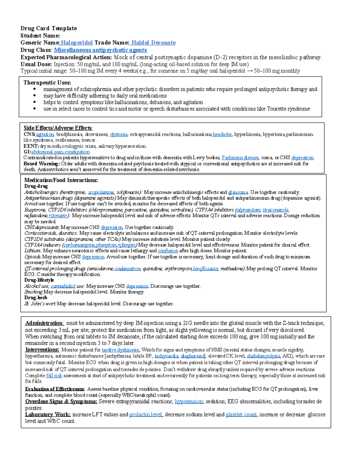 Haldol Decanoate (Haloperidol) Drug Card Template - Studocu