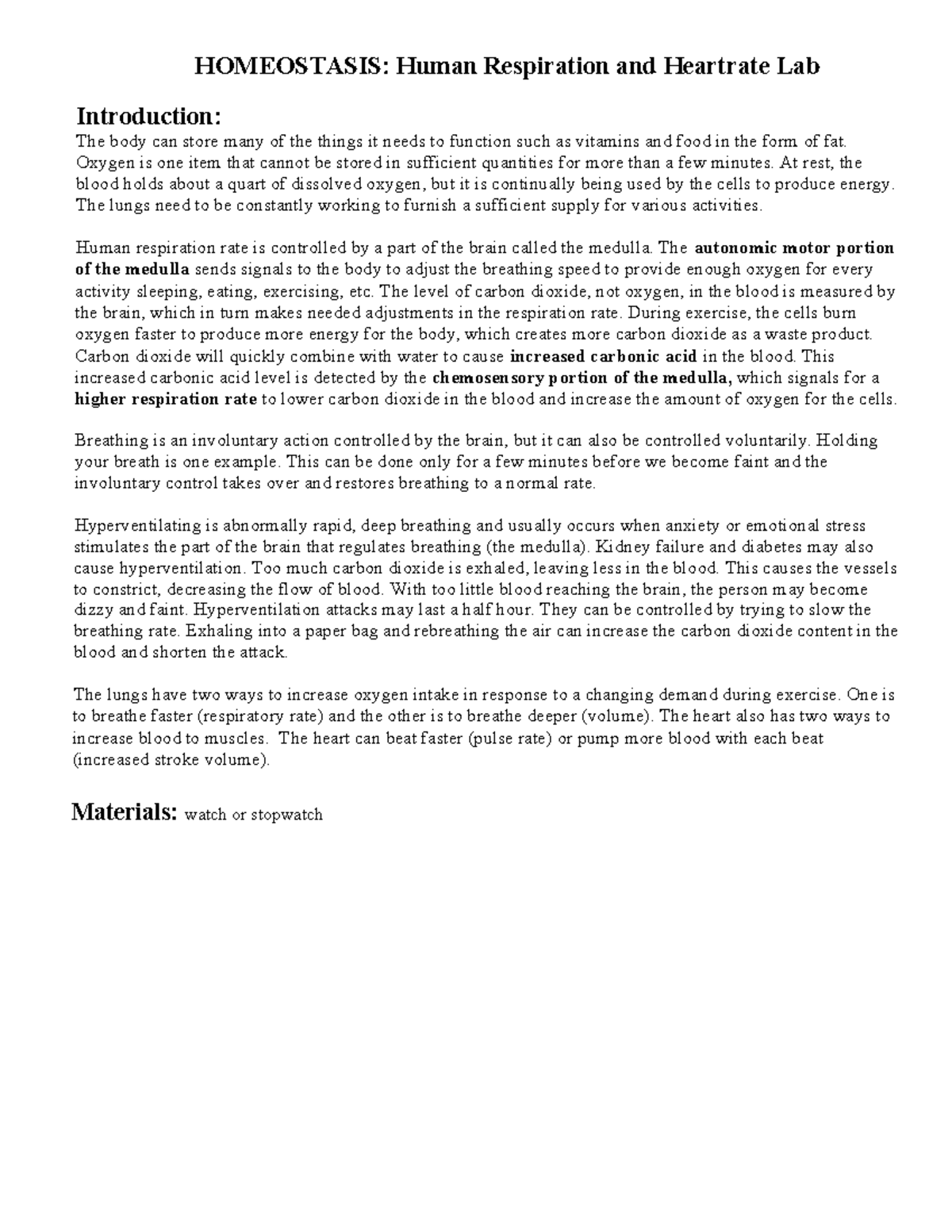Homeostasisexerciselab - HOMEOSTASIS: Human Respiration and Heartrate ...