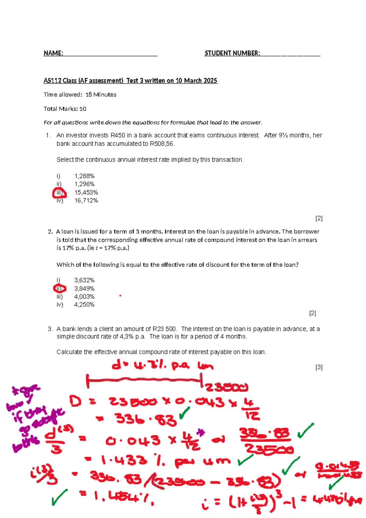 AS112 Class Test 3 Solutions: Interest Calculations and Rates - Studocu