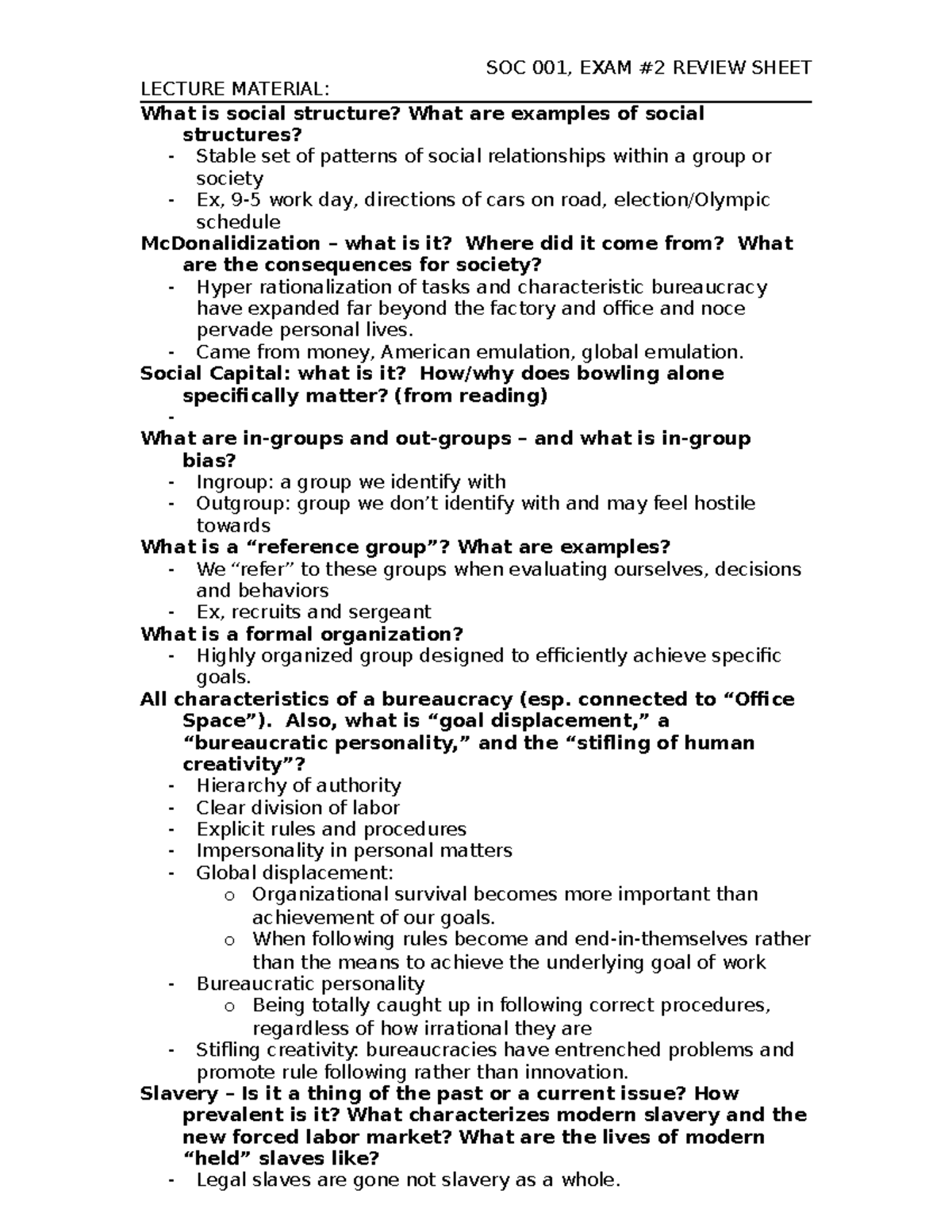 SOC 001 Final Exam Review Sheet: Key Concepts for Exam #2 - Studocu