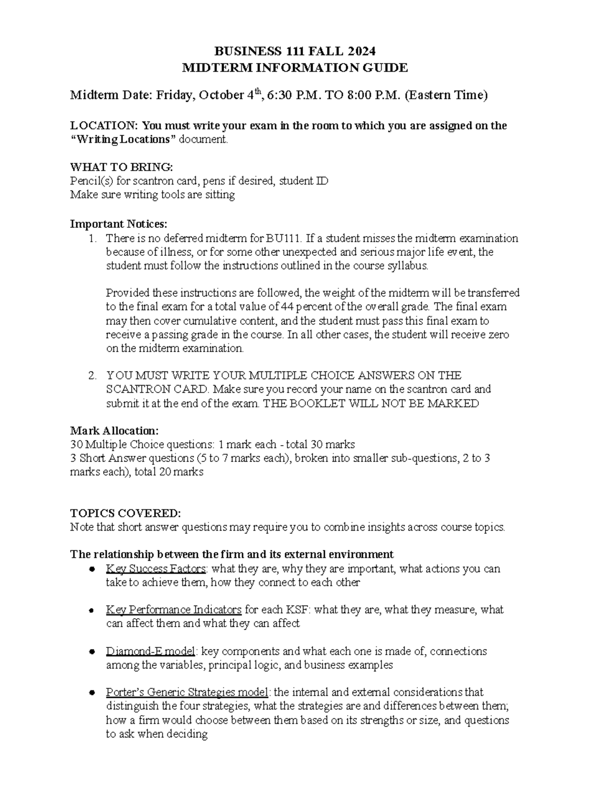 BU111 Midterm Exam Information Guide: Key Topics & Instructions - Studocu