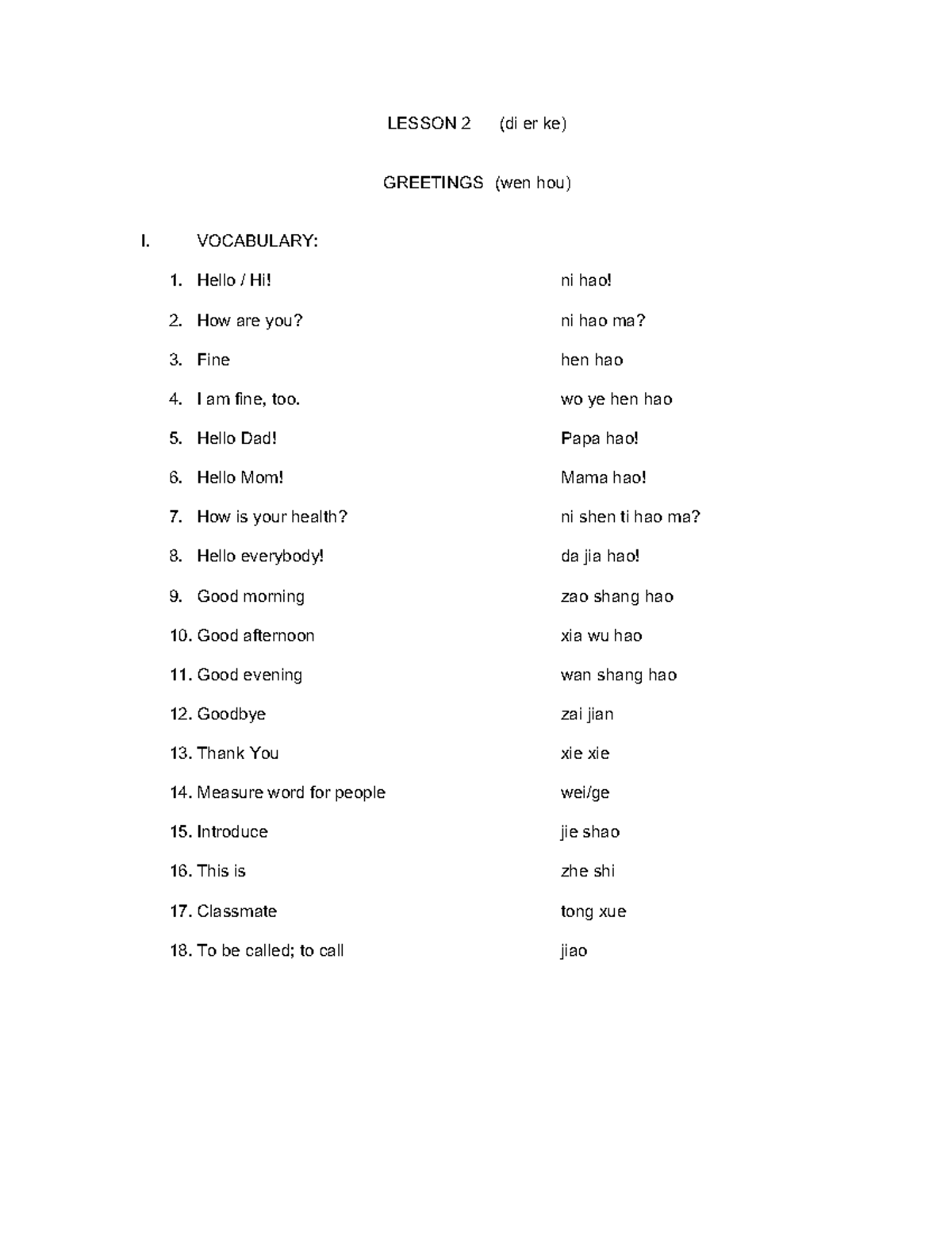 Lesson 2 Greetings - Mandarin Language Essentials - Studocu
