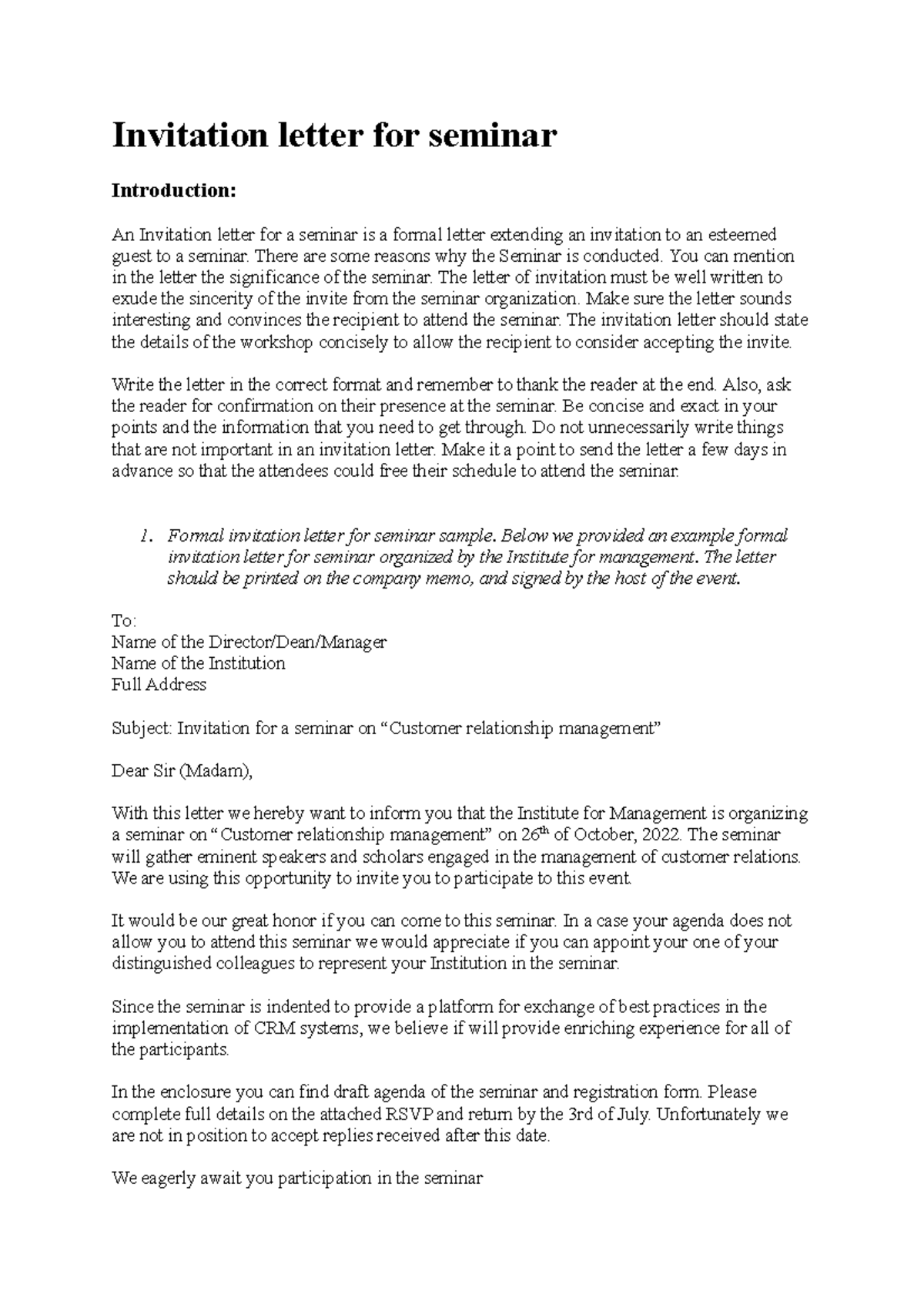 Formal Invitation Letter Template for a Seminar on CRM - Studocu