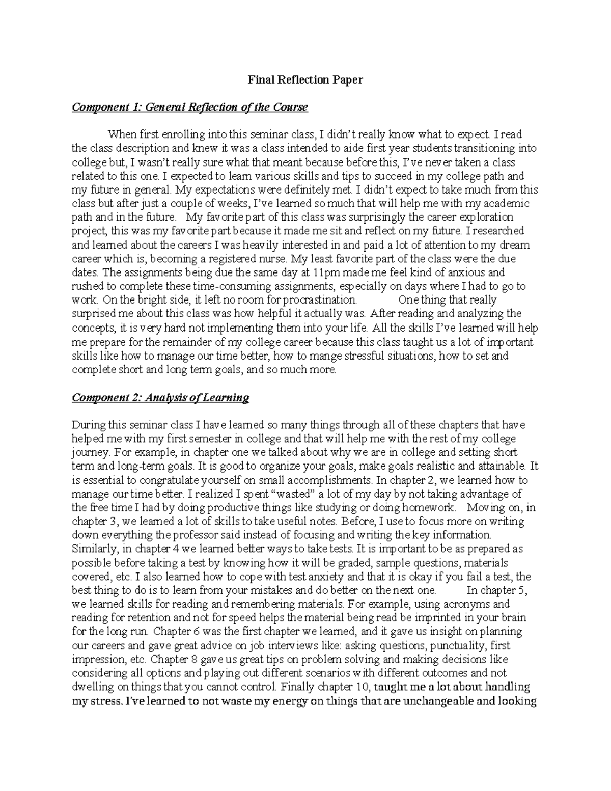 Final Reflection Paper - Final Reflection Paper Component 1: General ...