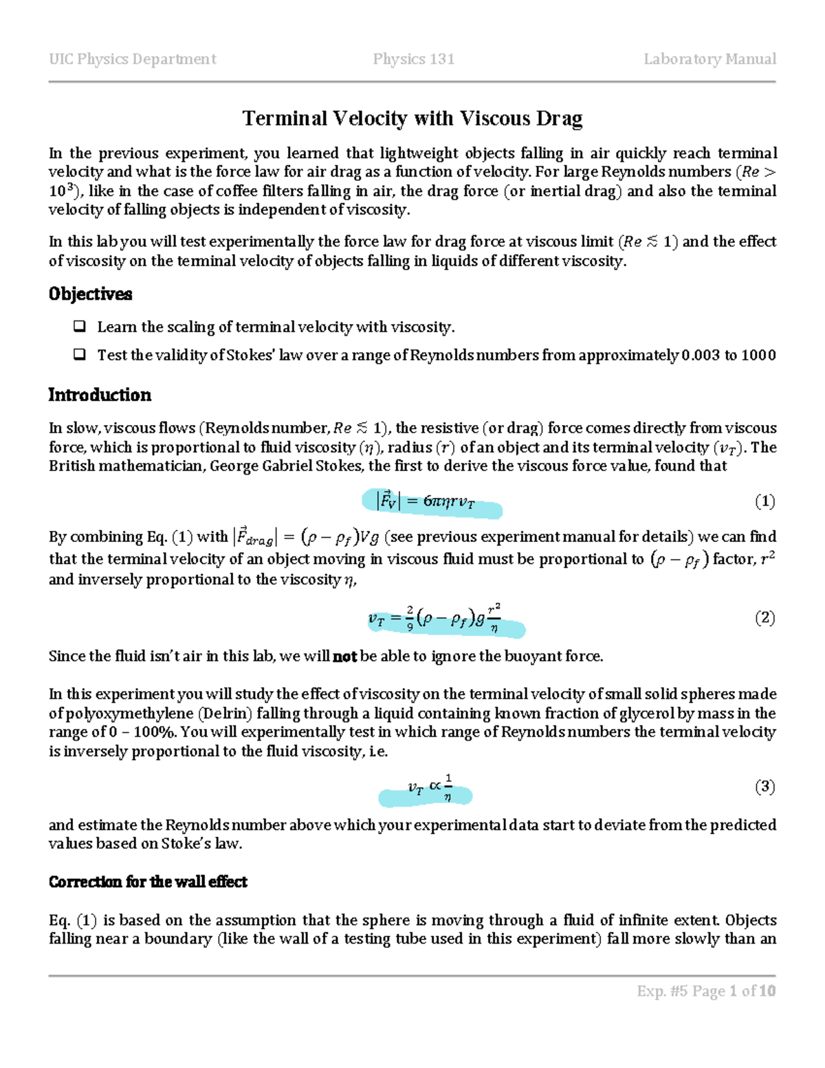 Phys 131 Lab: Investigating Terminal Velocity in Viscous Fluids - Studocu