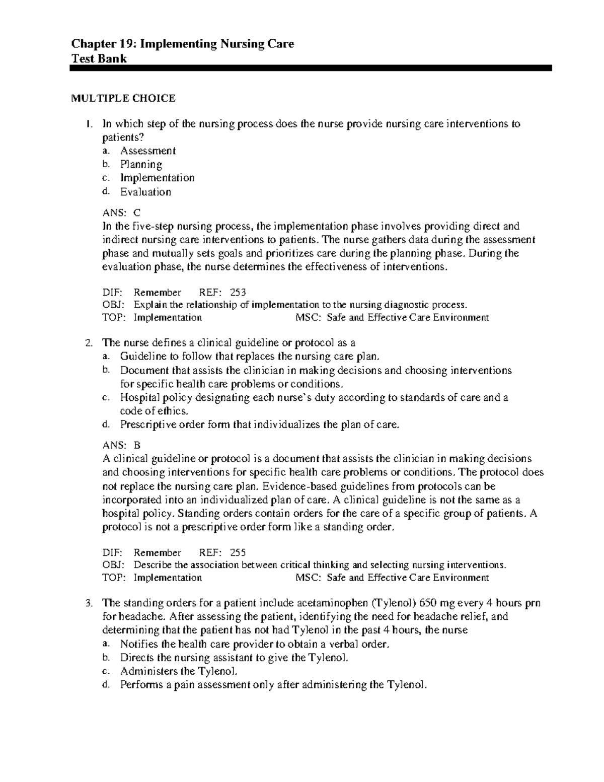Chapter 19 - notes - Chapter 19: Implementing Nursing Care Test Bank ...