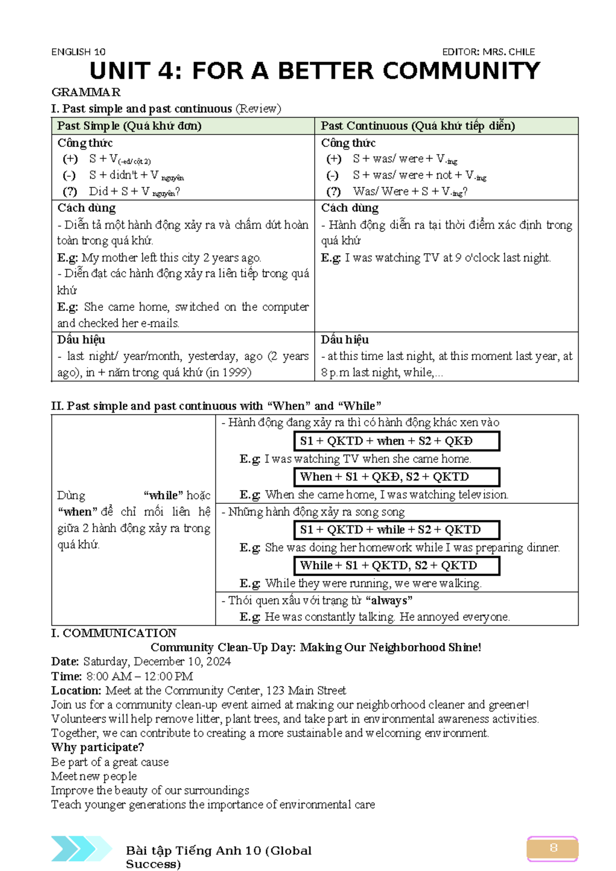 ENGLISH 10 UNIT 4: GRAMMAR REVIEW ON PAST SIMPLE & CONTINUOUS - Studocu