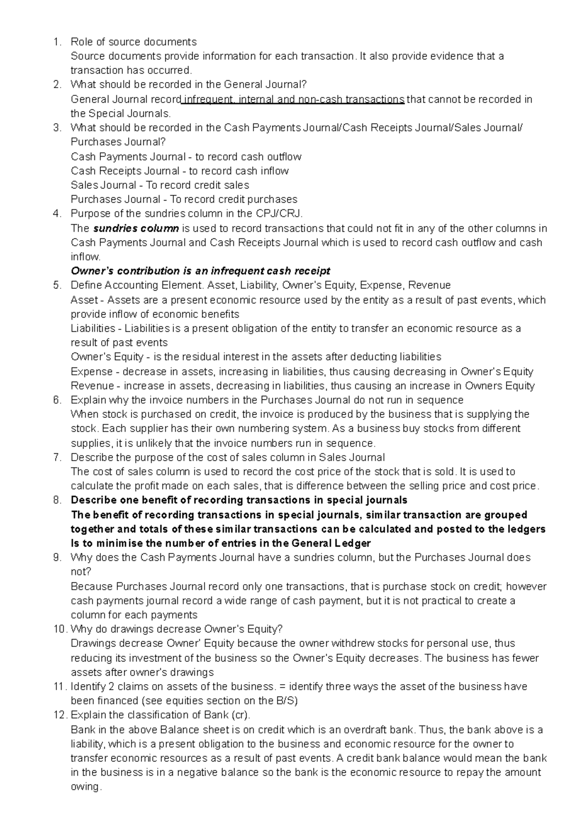 Accouting - theory checklist - 1. Role of source documents Source ...