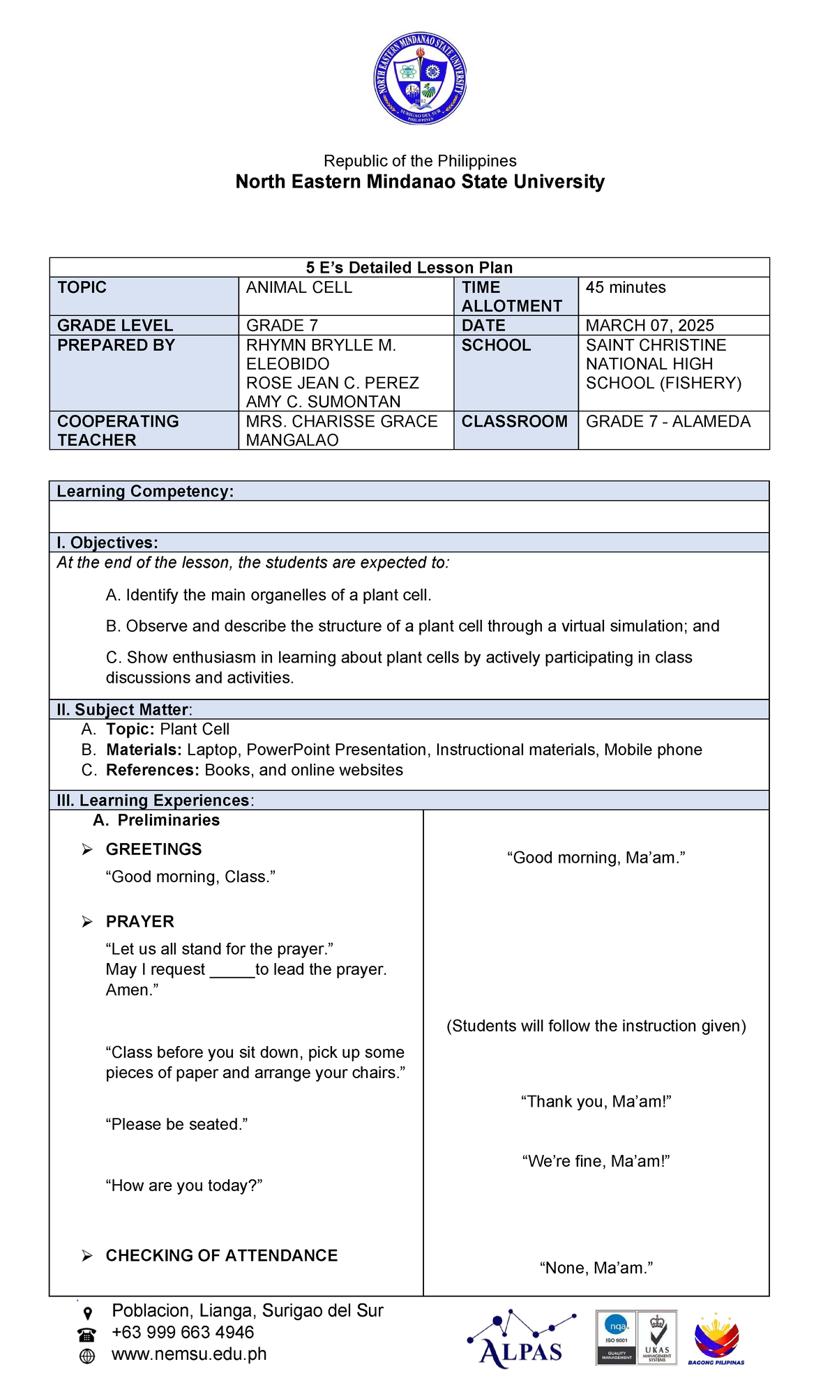 Detailed Lesson Plan on Animal Cell for Grade 7 (LP1) - Studocu