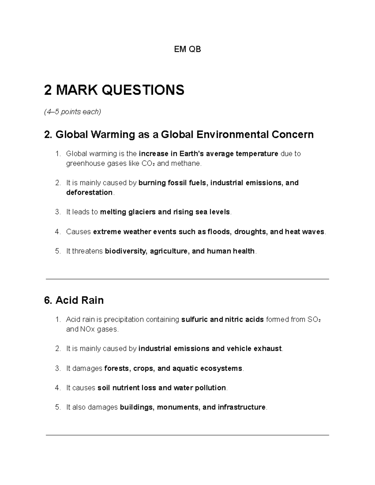 EM QB 2 MARK QUESTIONS: Global Environmental Issues and Solutions - Studocu