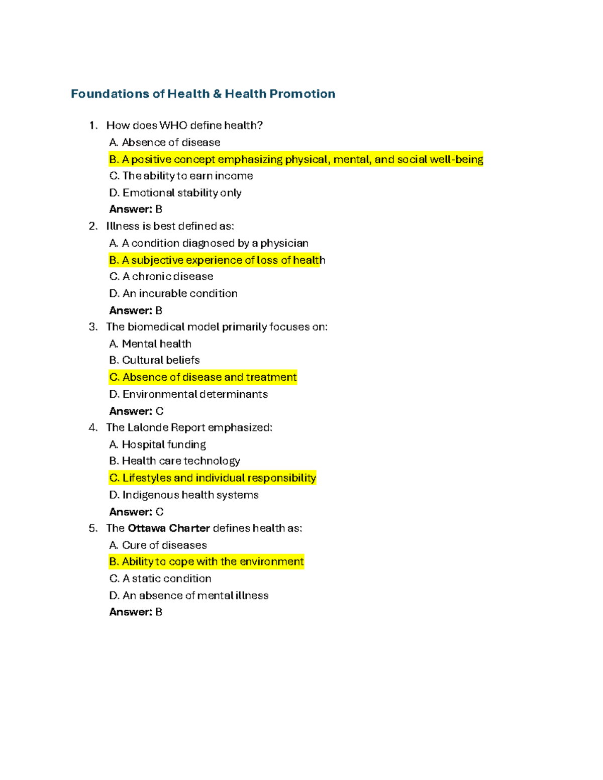 Foundations of Health Promotion (H&P) Quiz Practice Questions - Studocu