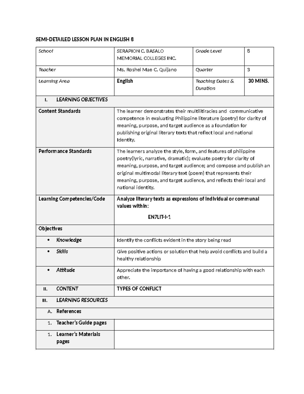 EN8 - Semi-Detailed Lesson Plan on Analyzing Conflicts in Literature ...