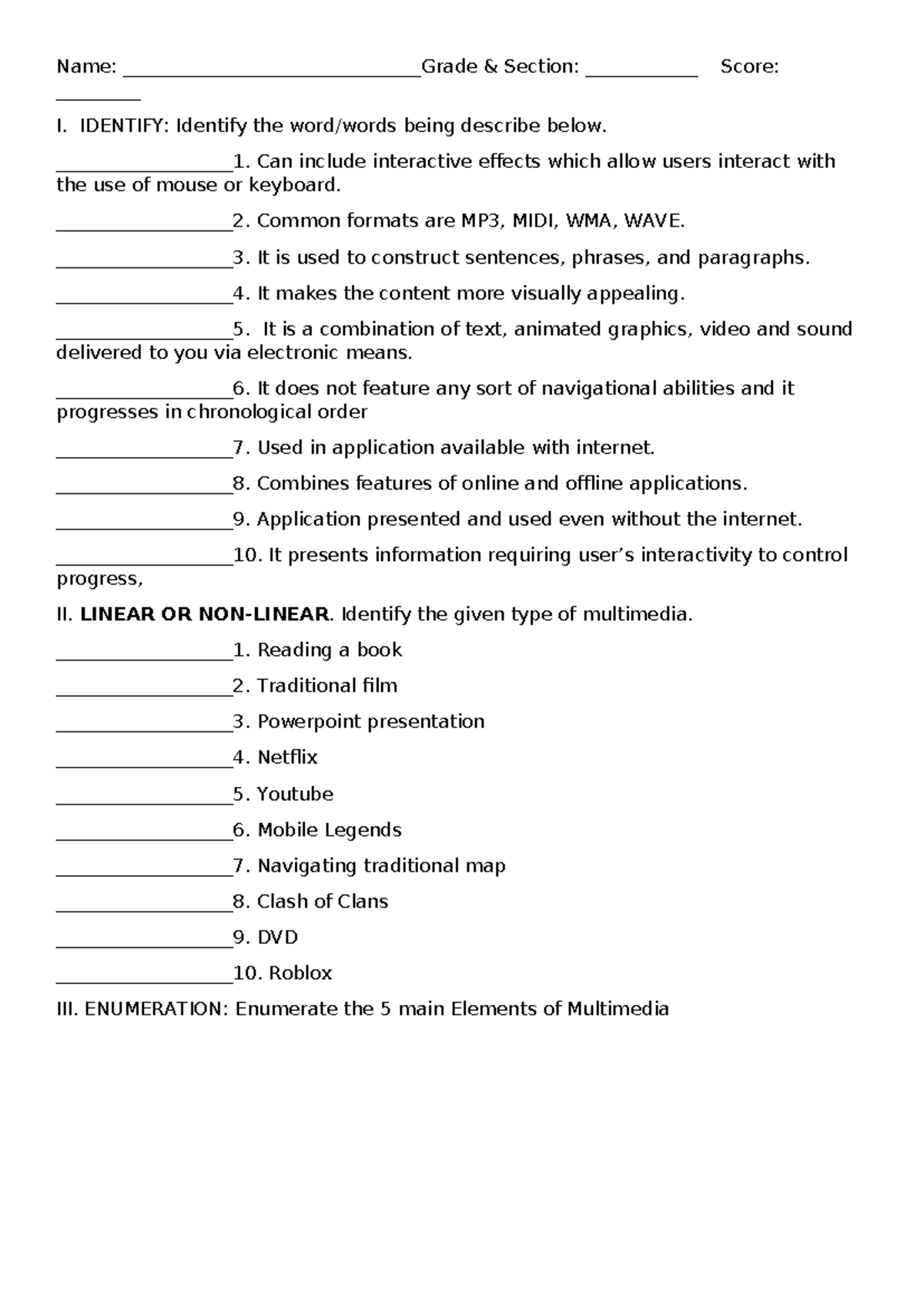 Etech Q2 Quiz 2: Understanding Multimedia Elements and Types - Studocu