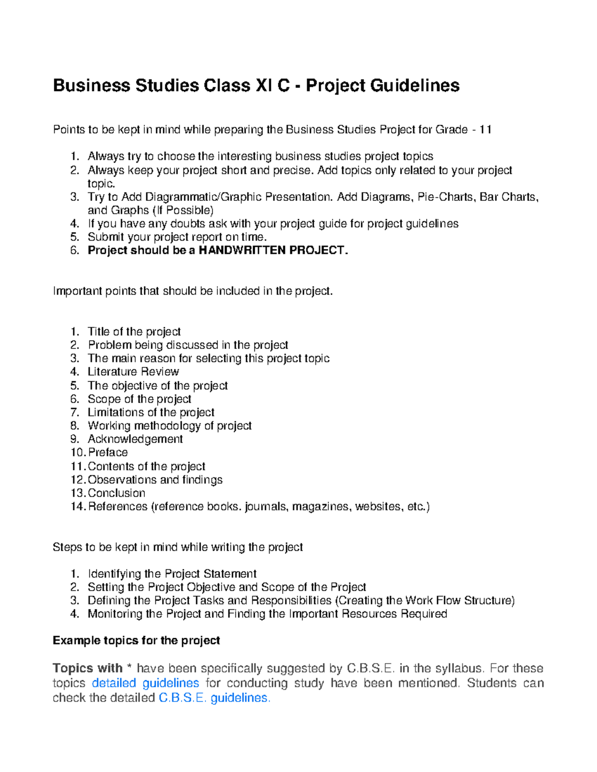 Business Studies Class 11 Project Guidelines and Sample Overview - Studocu