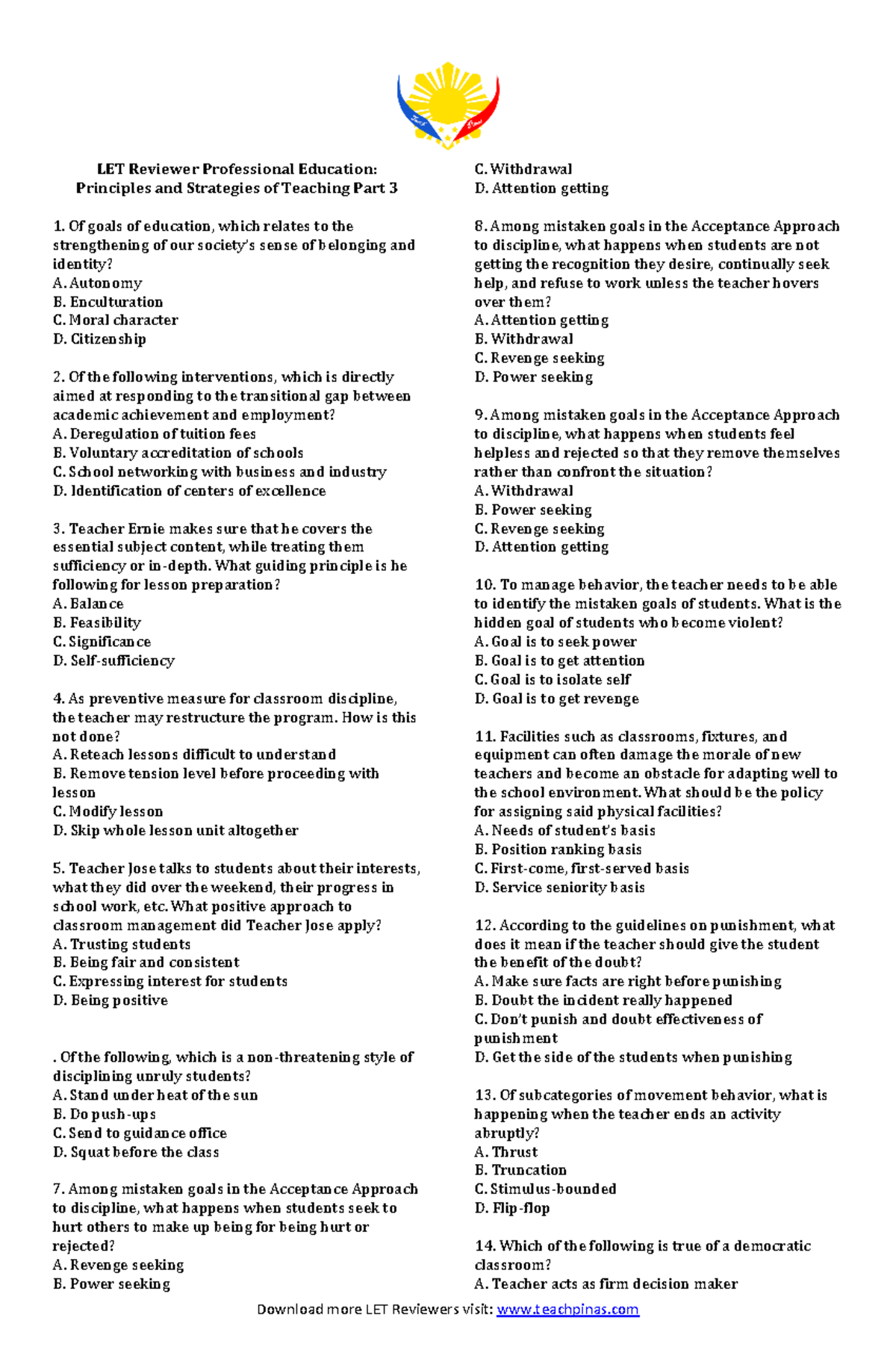 LET Reviewer: Principles and Strategies of Teaching Part 3 - Studocu