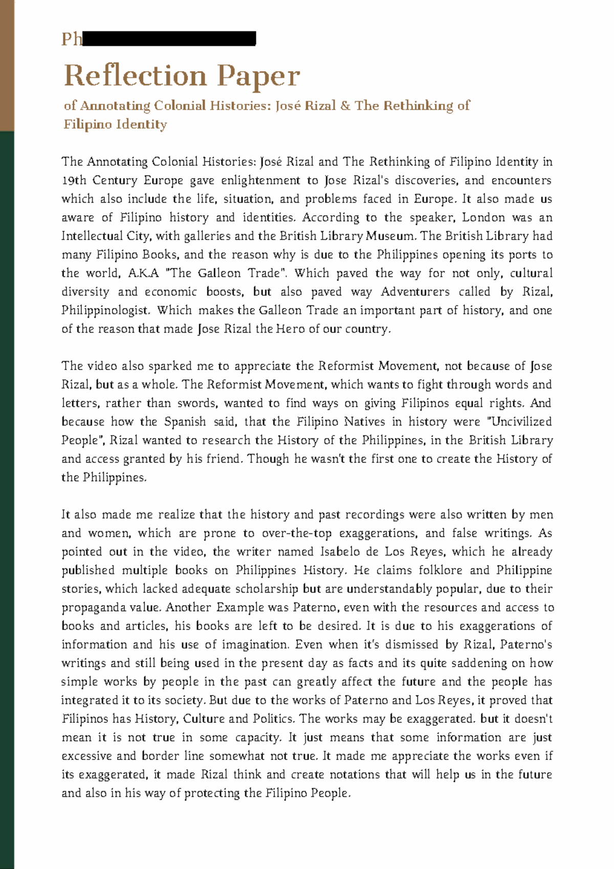 Reflection Paper Annotating Colonial Histories José Rizal and The ...