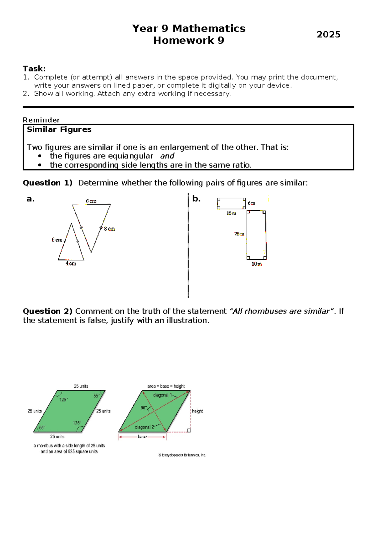 Year 9 Mathematics Homework 9: Similar Figures Practice Test - Studocu