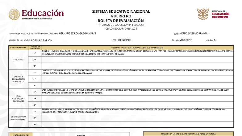 Boleta de Evaluación 1er Grado Preescolar - Ciclo Escolar 2023-2024 ...