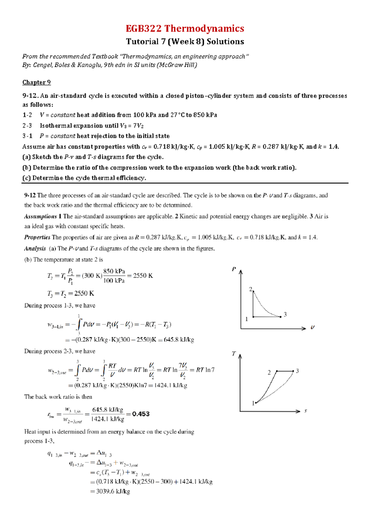 EGB322 Thermodynamics - Week 8 Tutorial Solutions and Exercises - Studocu