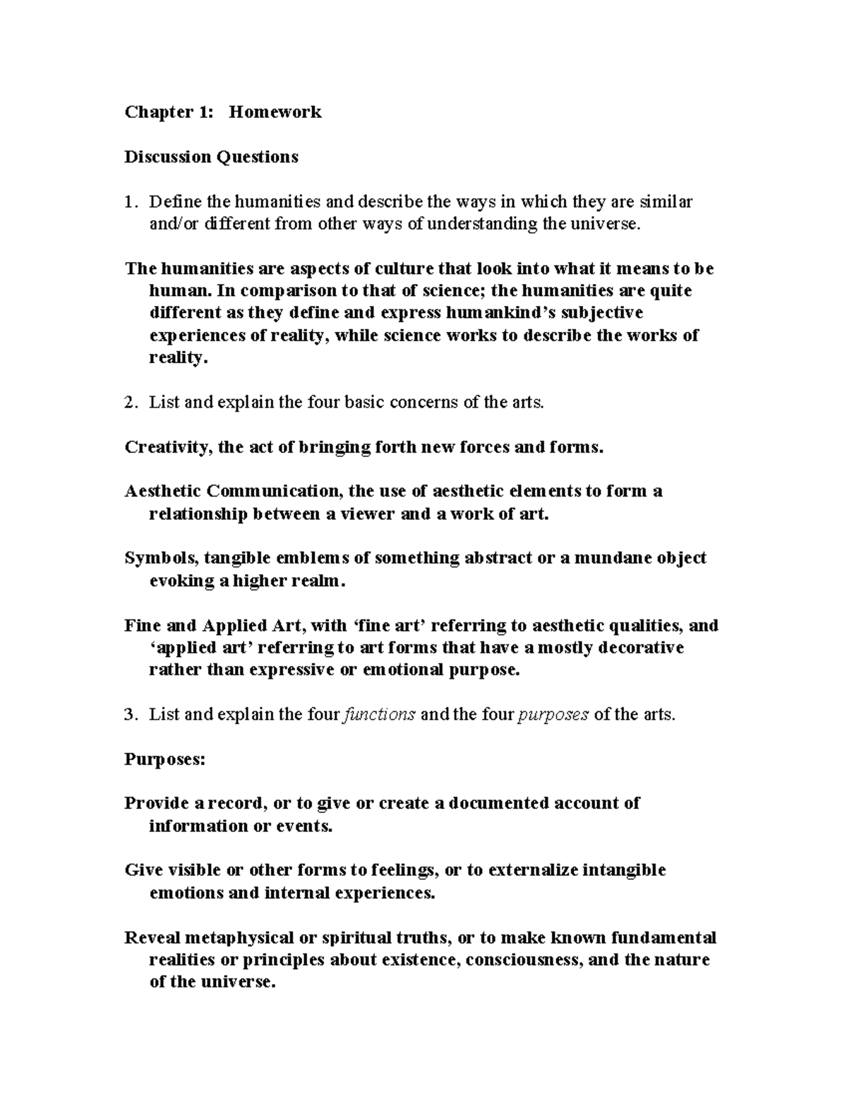 Homework Chapter 1: Humanities and Arts Discussion Questions - Studocu
