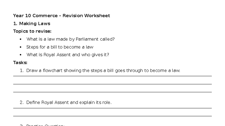 Year 10 Commerce Revision Worksheet: Making Laws & Government Systems ...