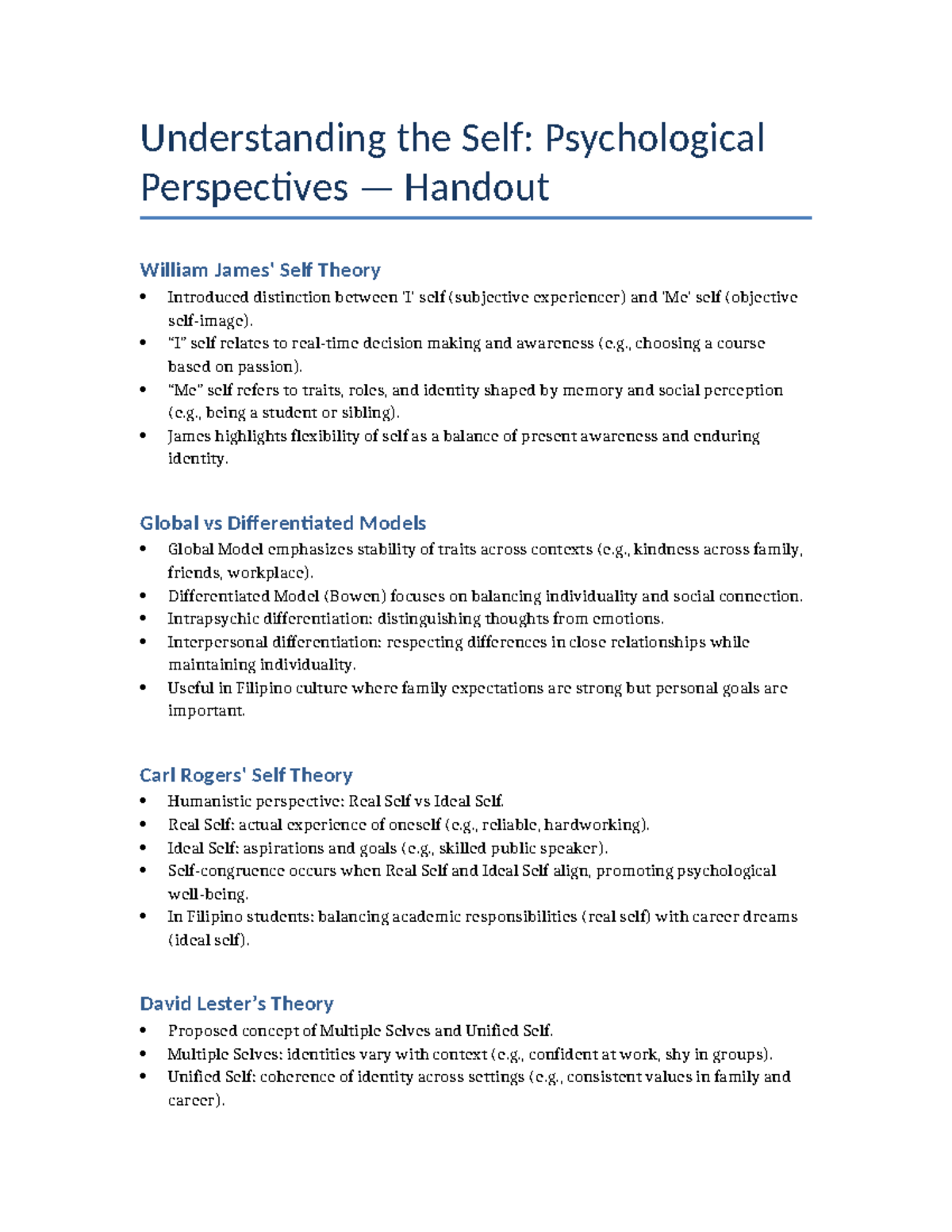 UTS 4 - Understanding the Self: Psychological Perspectives Handout ...