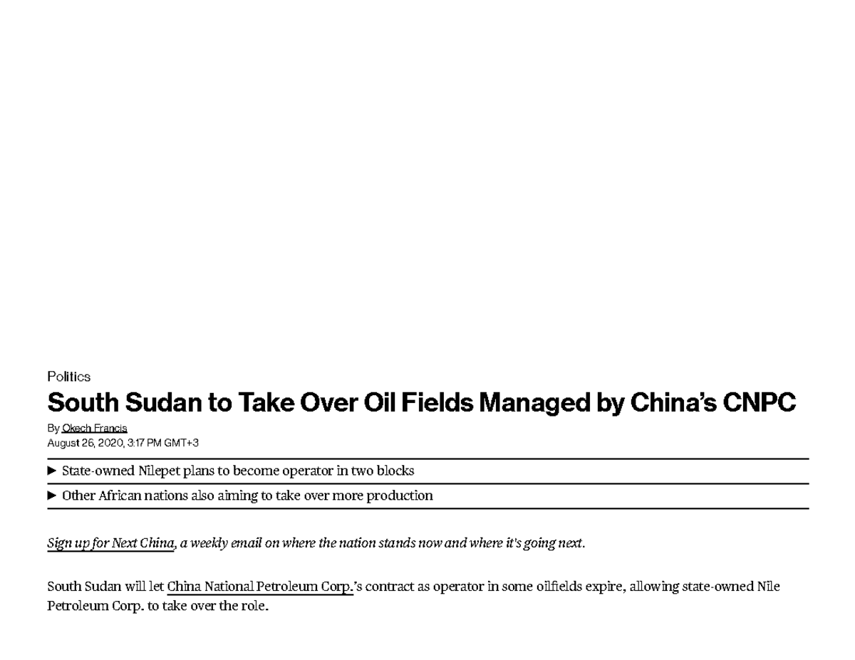 Africa and China: South Sudan to Take Over CNPC Oil Fields - Studocu