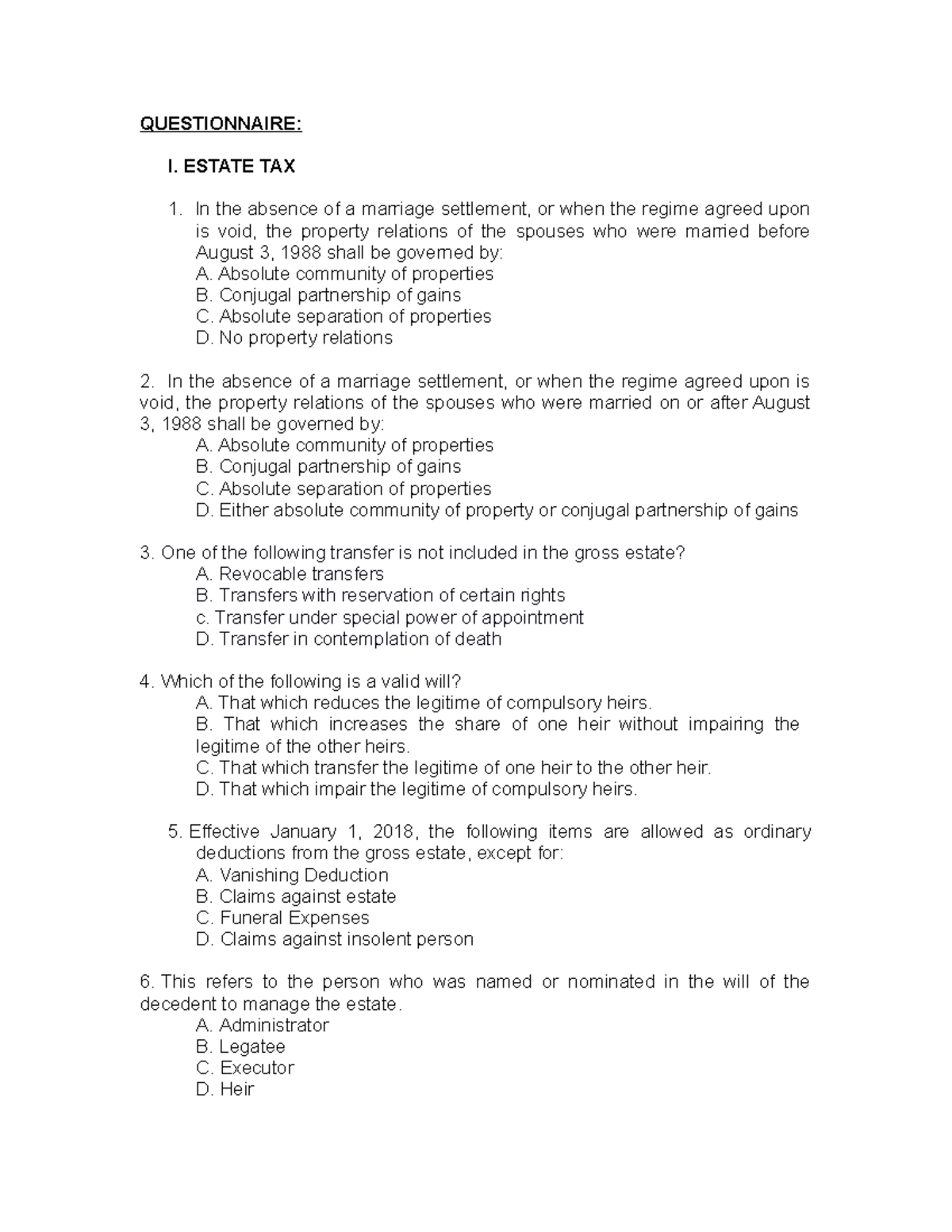 Consolidated Tax Questionnaire - QUESTIONNAIRE: I. ESTATE TAX In the ...