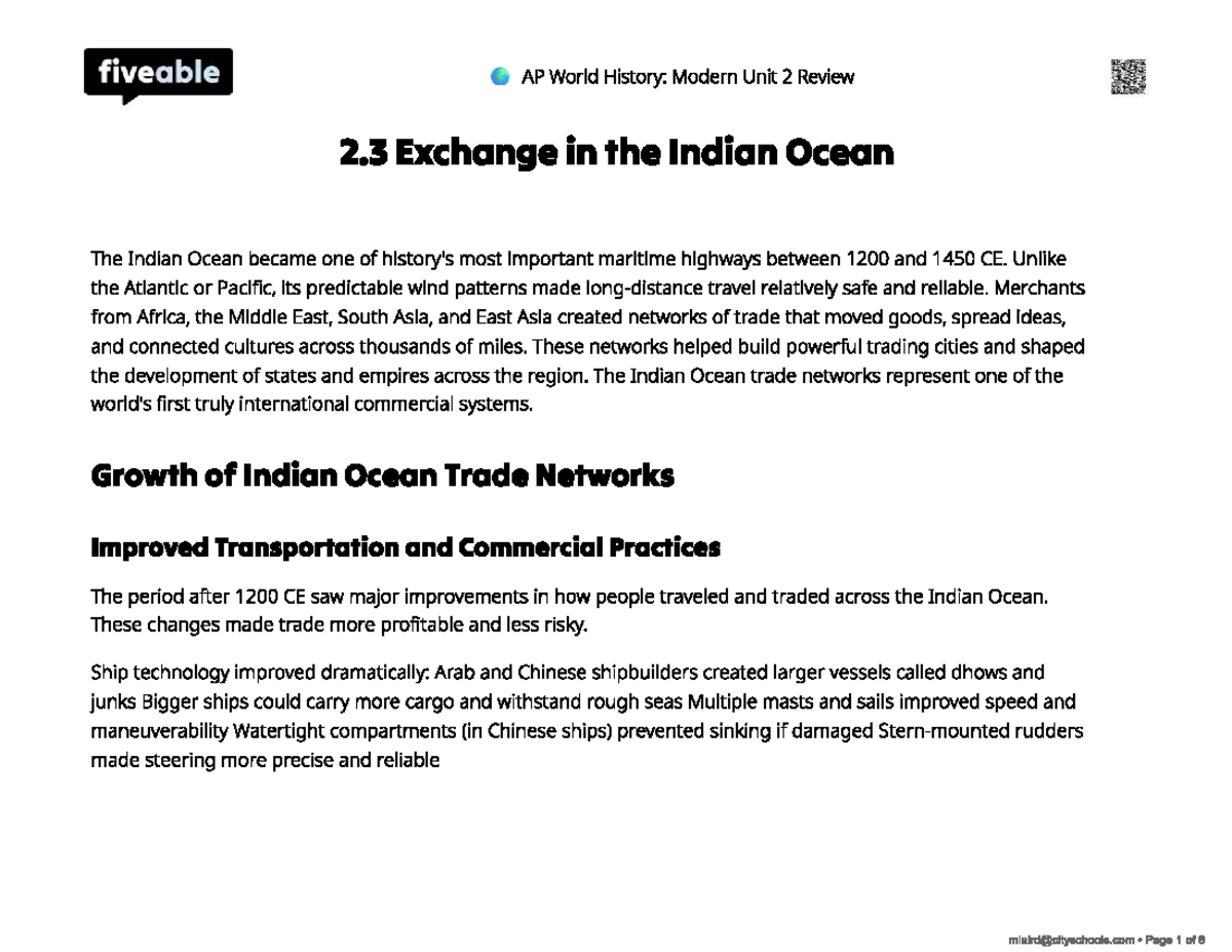 AP World History: Modern Unit 2 Study Guide on Indian Ocean Exchange ...