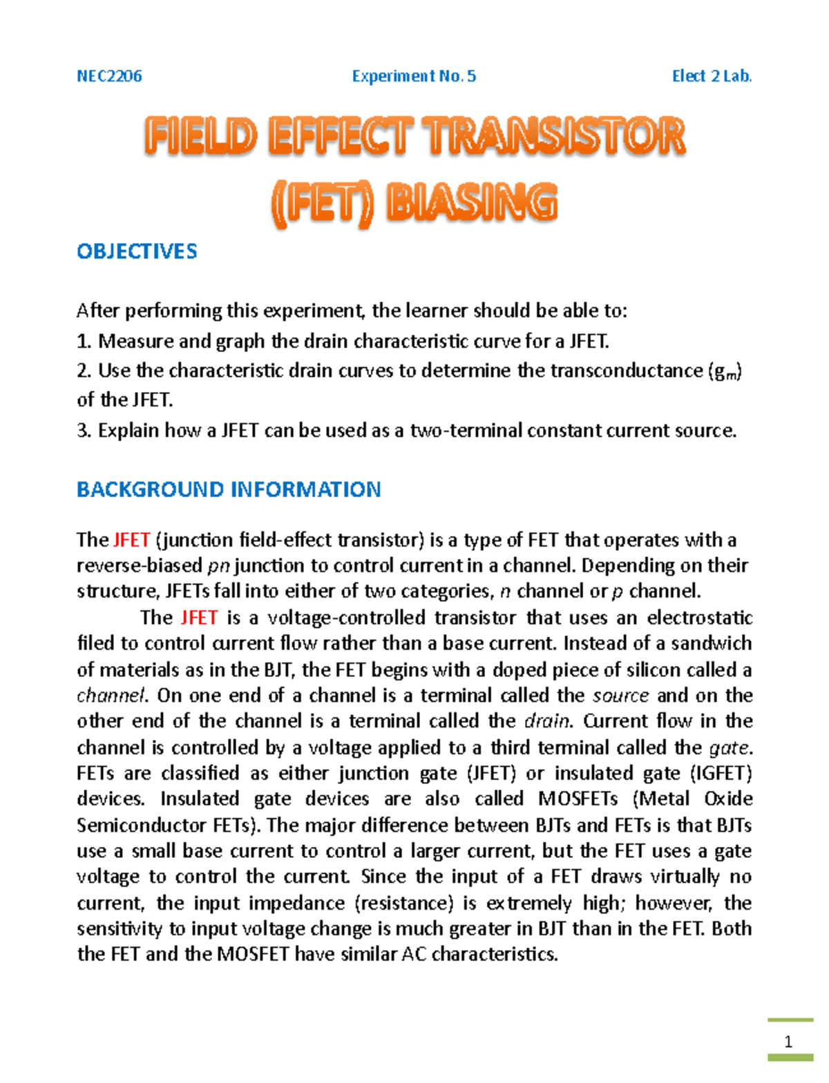Experiment 5- Field Transistor Biasing (FET) - NEC2206 Experiment No. 5 ...