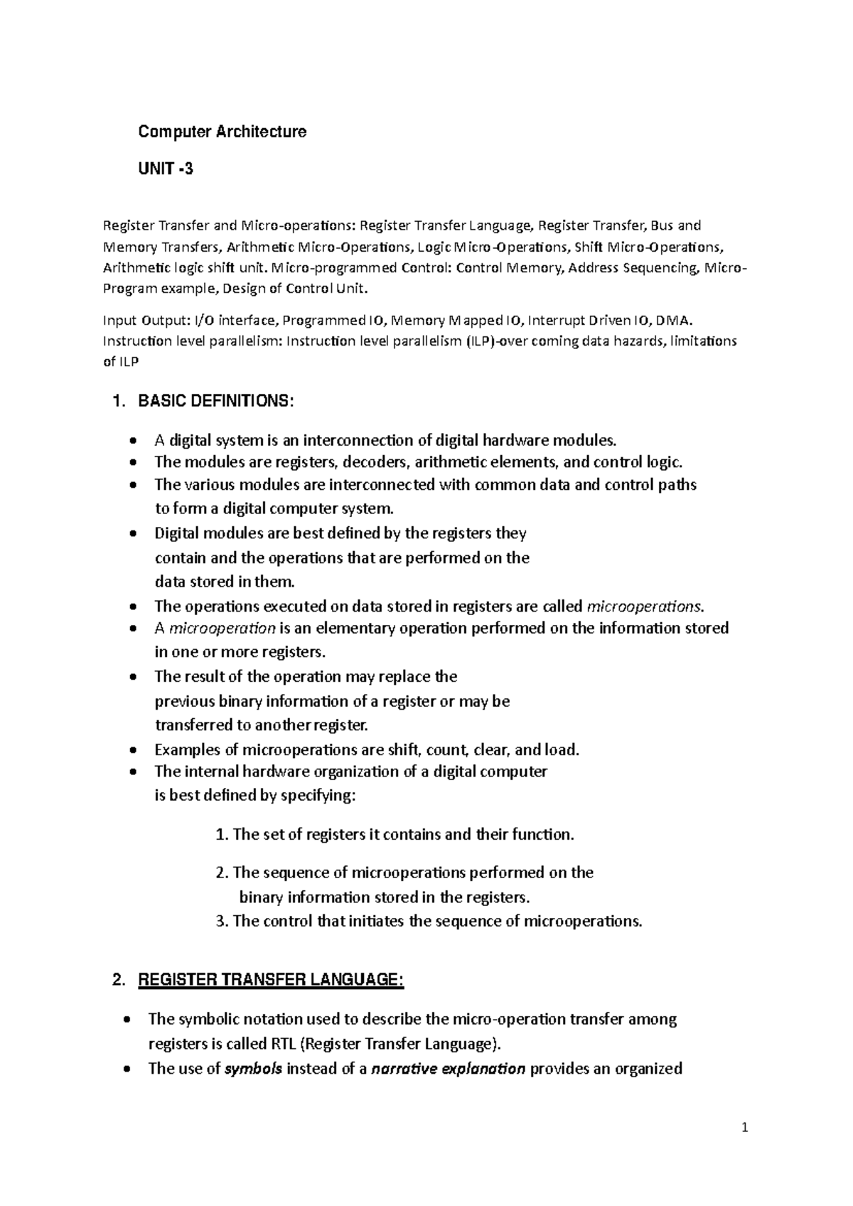 Unit-3 CA - Computer Architecture UNIT - 3 Register Transfer and Micro-operations: Register ...