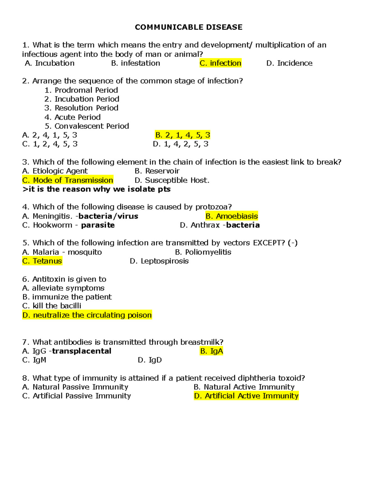 COMM 827955696: Communicable Disease Exam Review 2020 - Studocu
