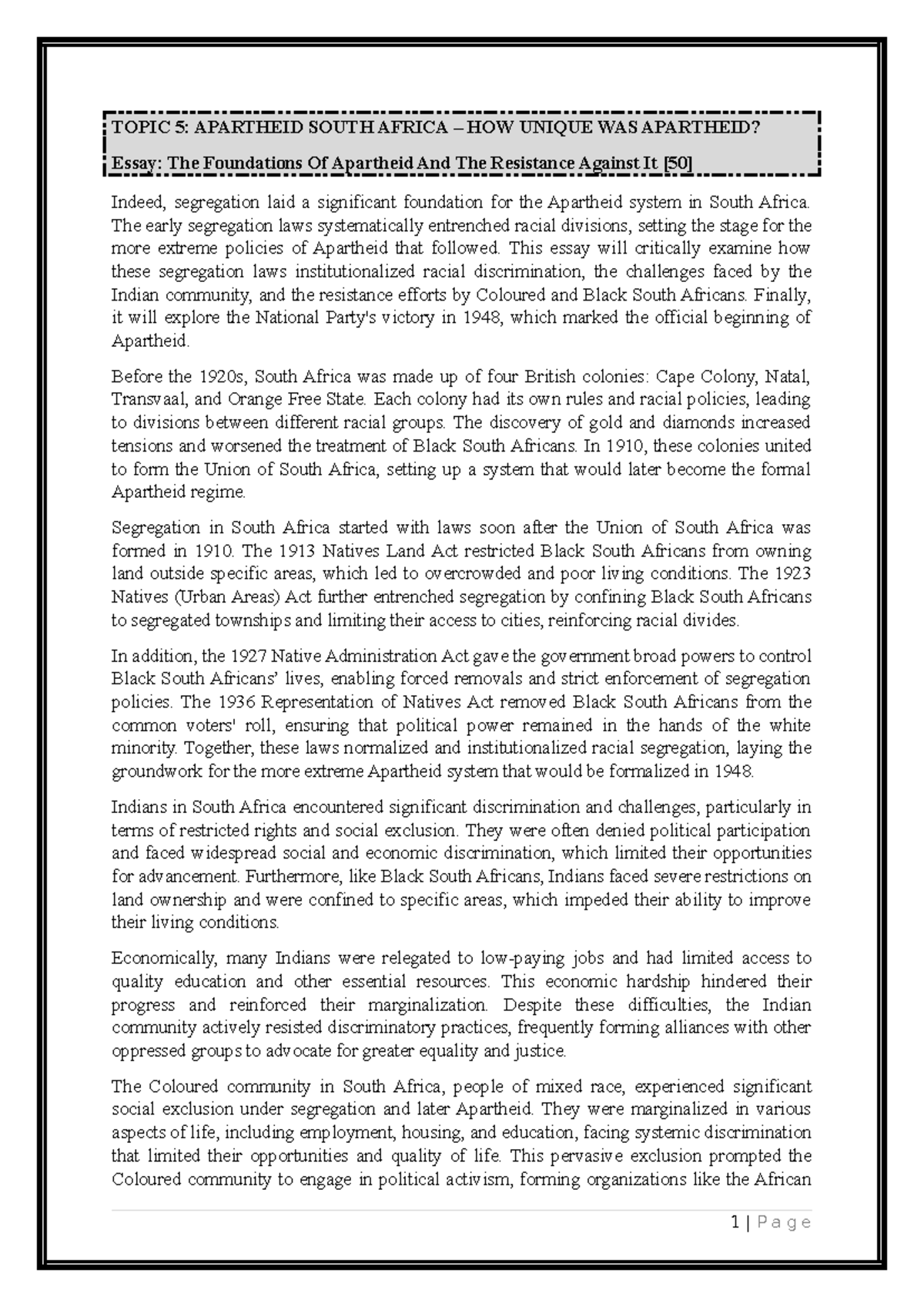 Topic 5: Apartheid South Africa Essay - Grade 11 Analysis and ...
