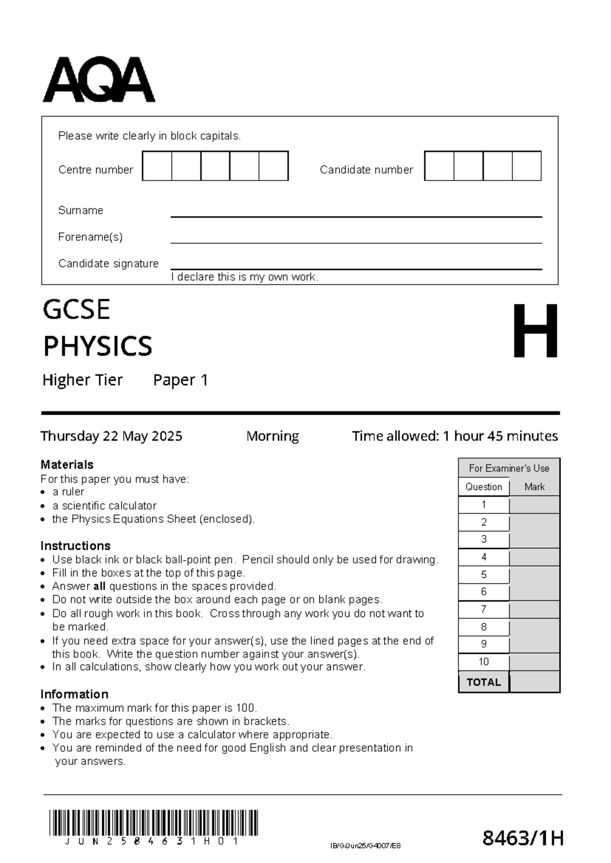 GCSE PHYSICS H Tier Paper 1 Practice Exam - May 2025 - Studocu