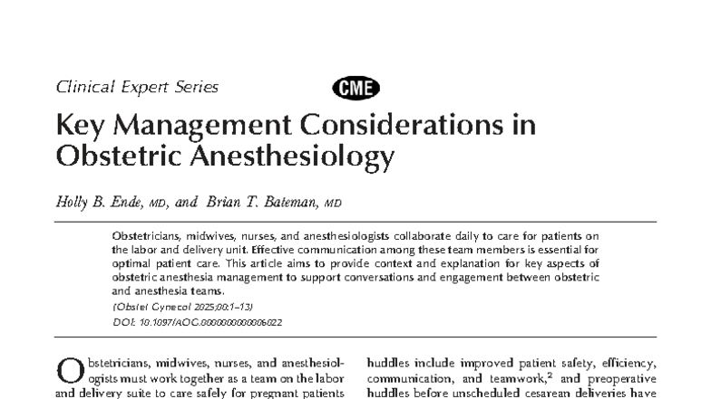 Obstetric Anesthesia Management: Key Considerations for Care Teams ...