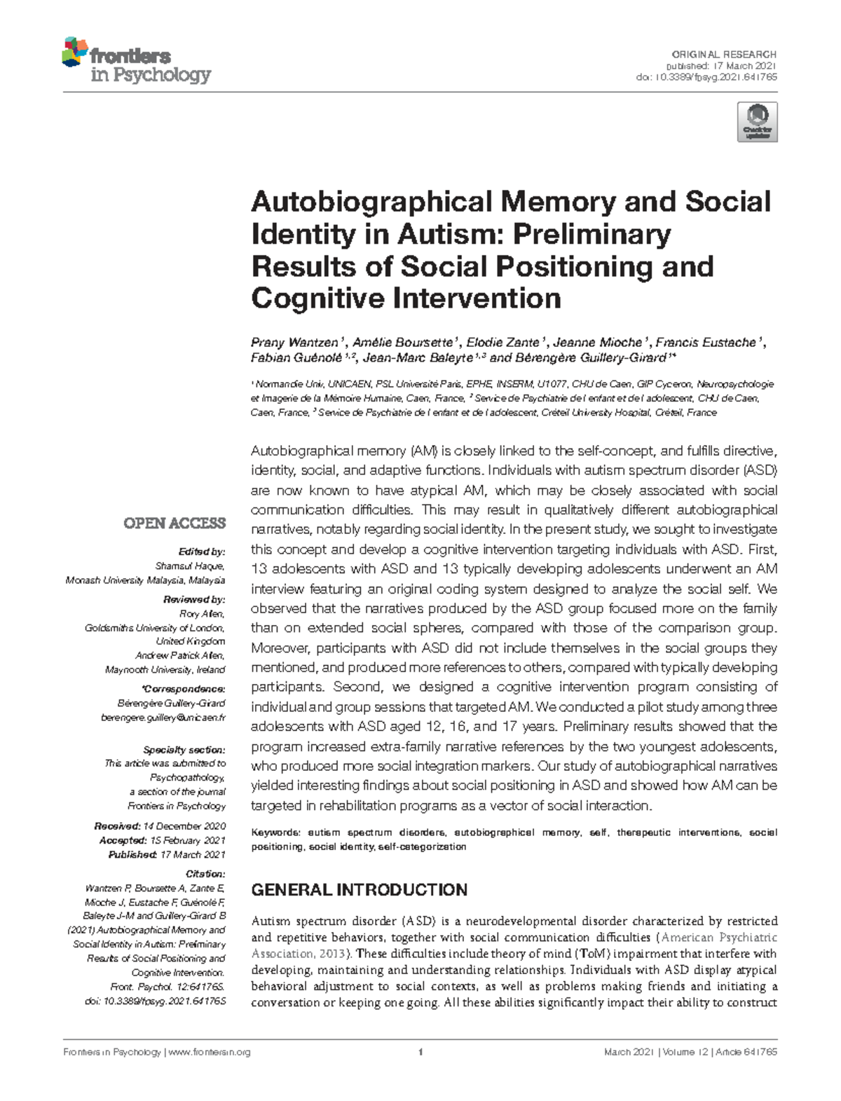 Autobiographical Memory & Social Identity in Autism: Insights ...