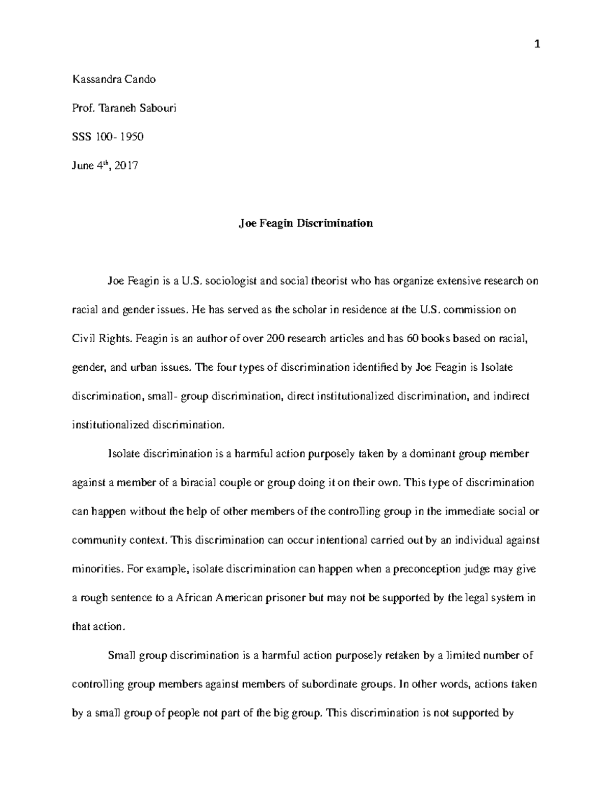 SSS 100 Discrimination Paper by Joe Feagin: Key Insights and Analysis ...