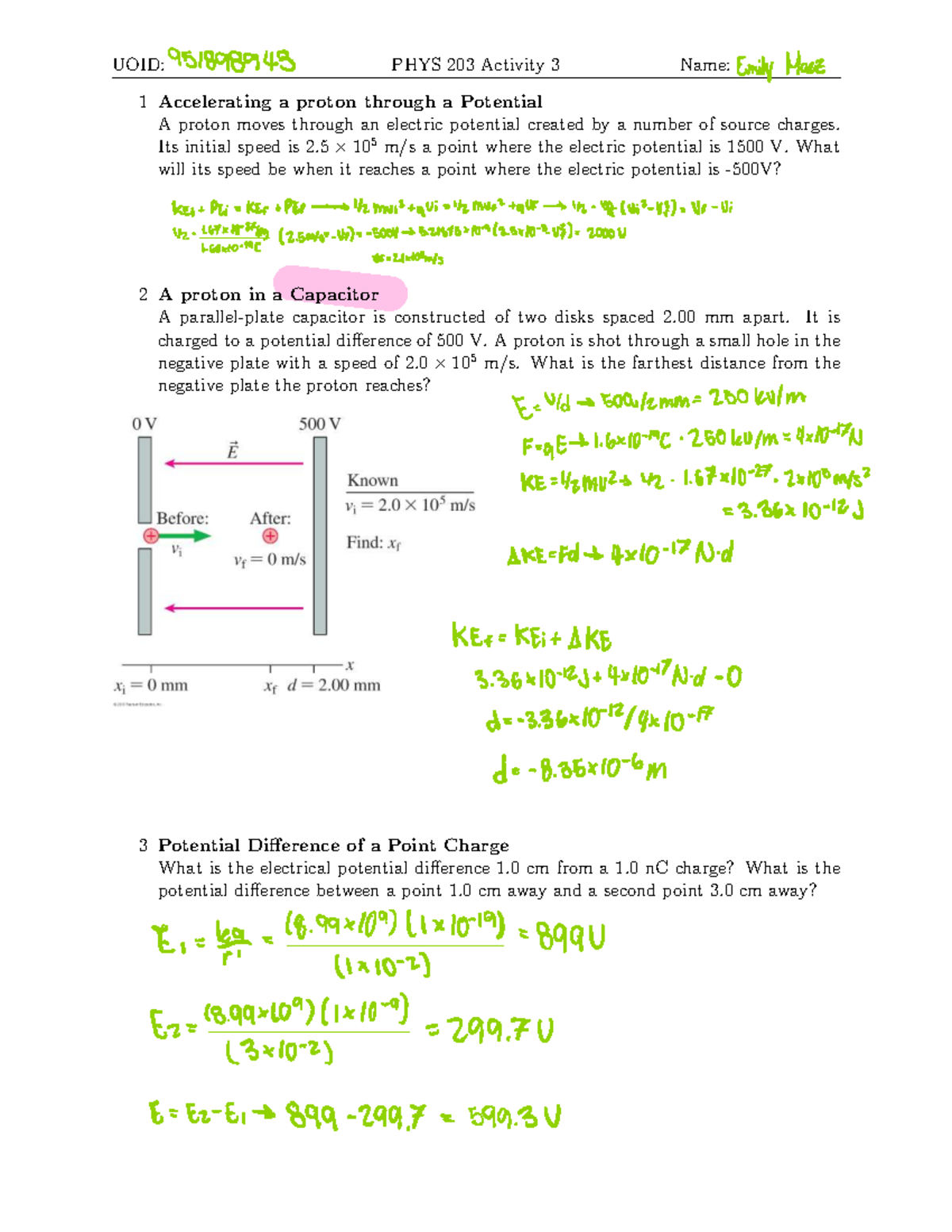 PHYS 203 Activity 3: Proton Motion, Capacitors & Electric Potential ...