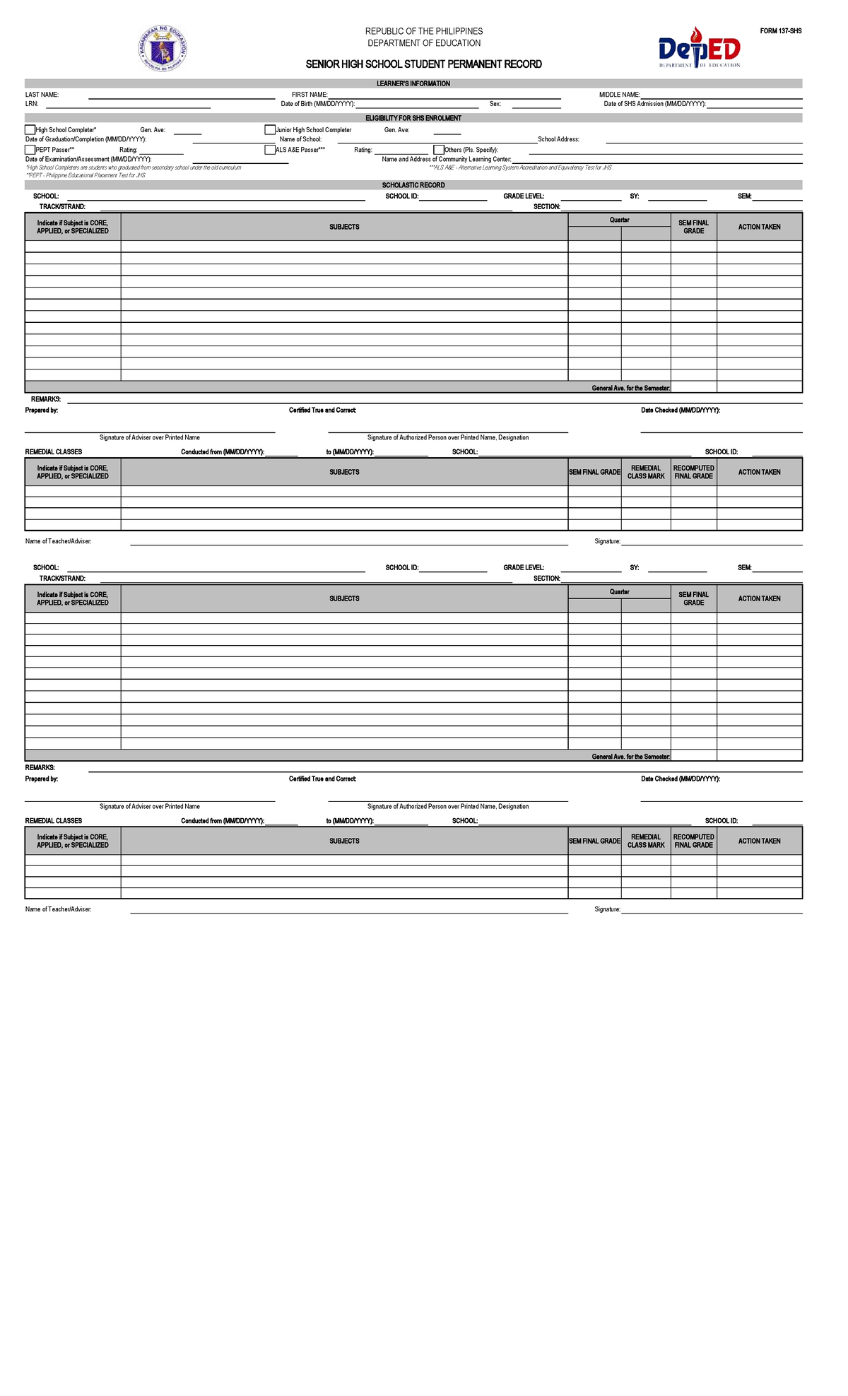 SHS Student Permanent Record Form - Philippines - Studocu