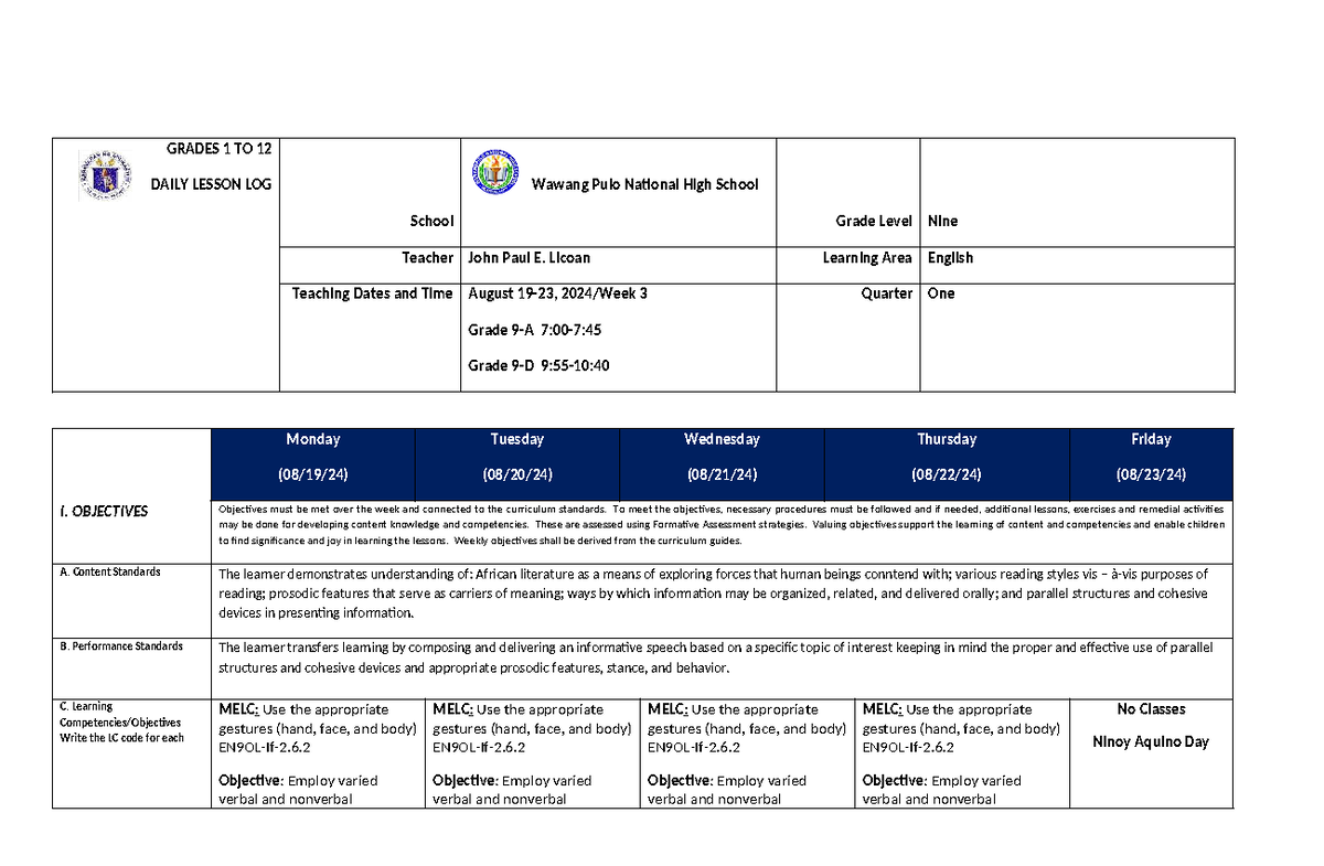 DLPENG 9 Q1W3 - Daily Lesson Plan for English 9 - Studocu