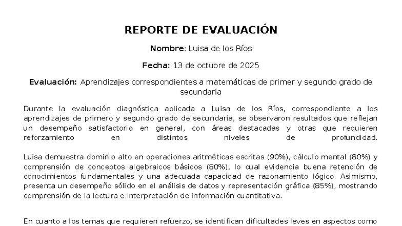 REPORTE DE EVALUACIÓN DE MATEMÁTICAS - SECUNDARIA - Studocu
