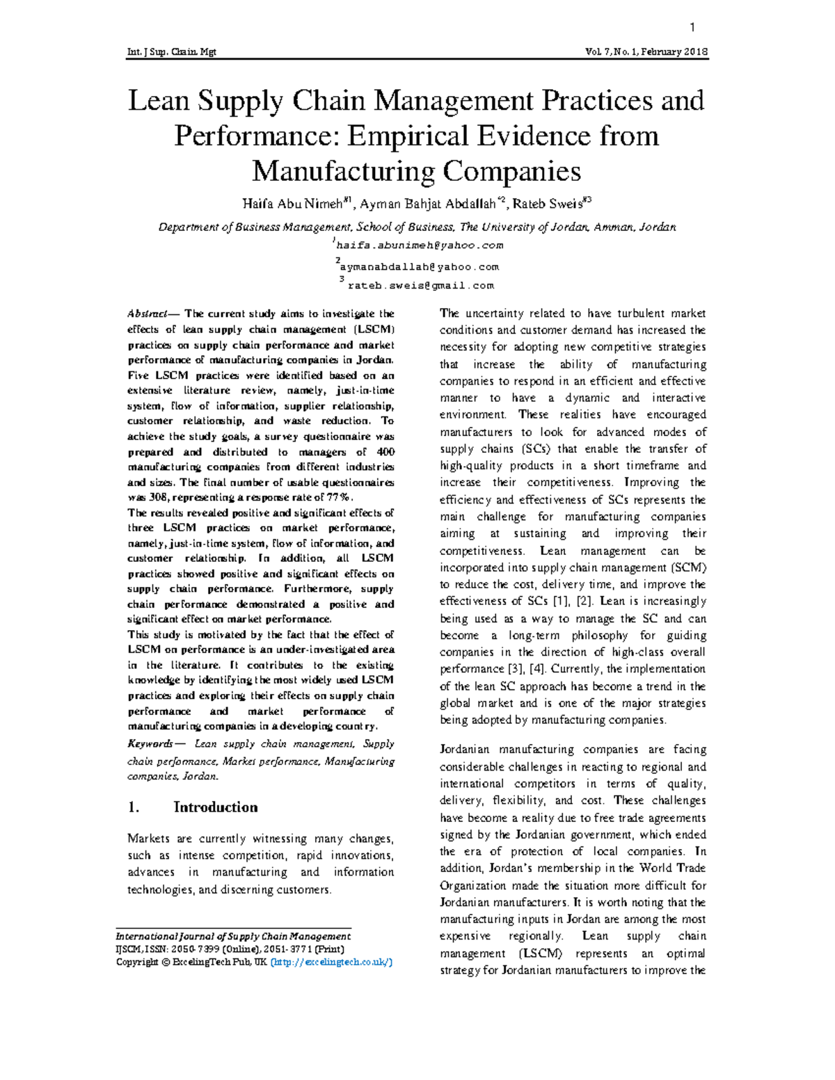 Lean Supply Chain Management Practices and Performance in Jordan - Int ...