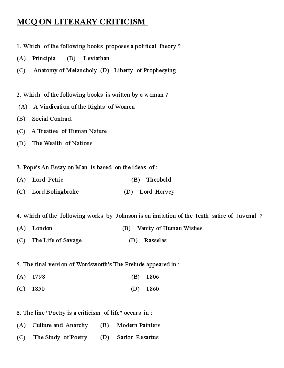 MCQ on Literary Criticism: Key Concepts and Theories - Studocu