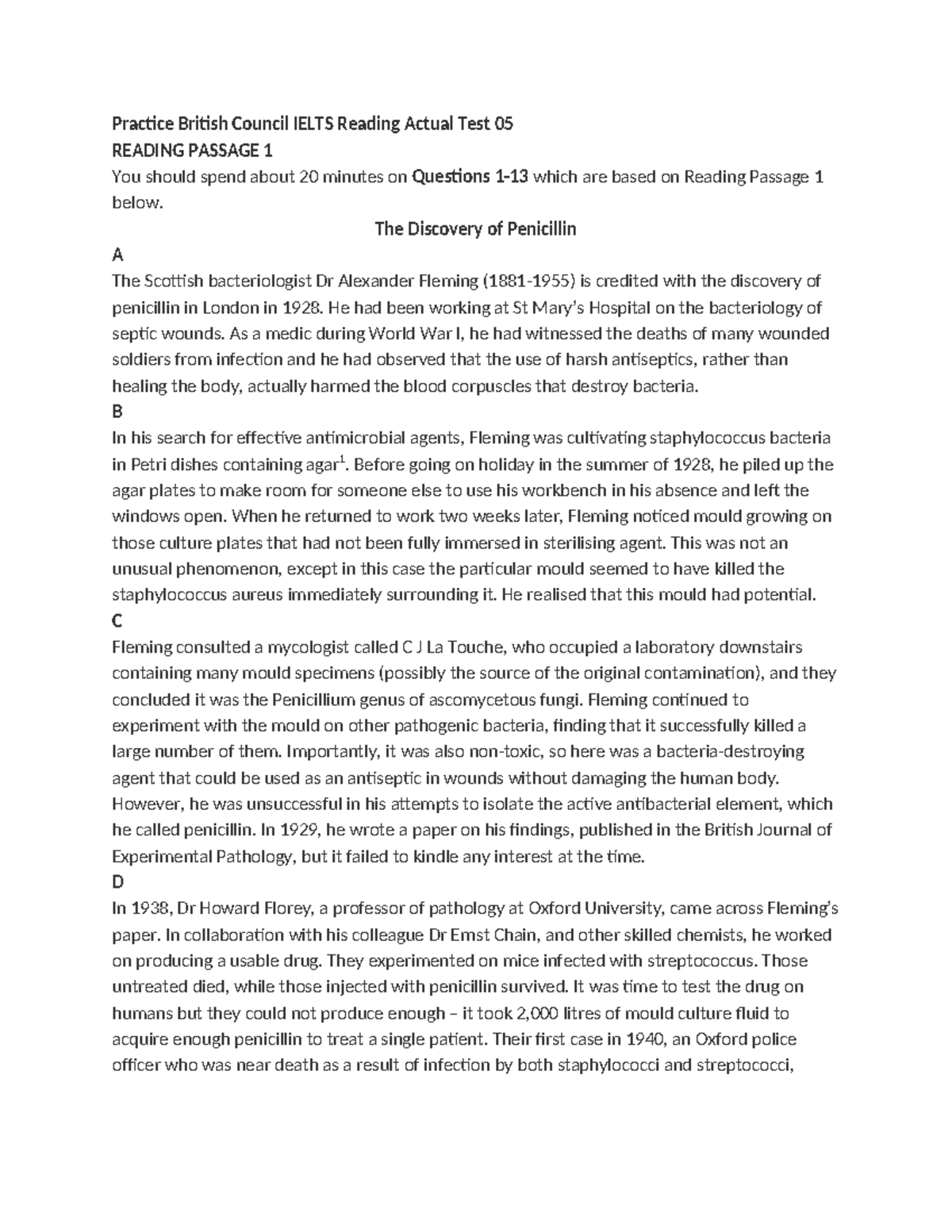 British Council IELTS Reading Practice: Passage 1 on Penicillin ...