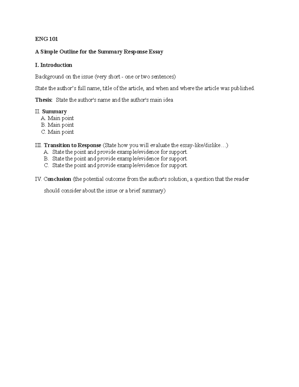 ENG 101 Outline for Summary-Response Essays Instructions - Studocu