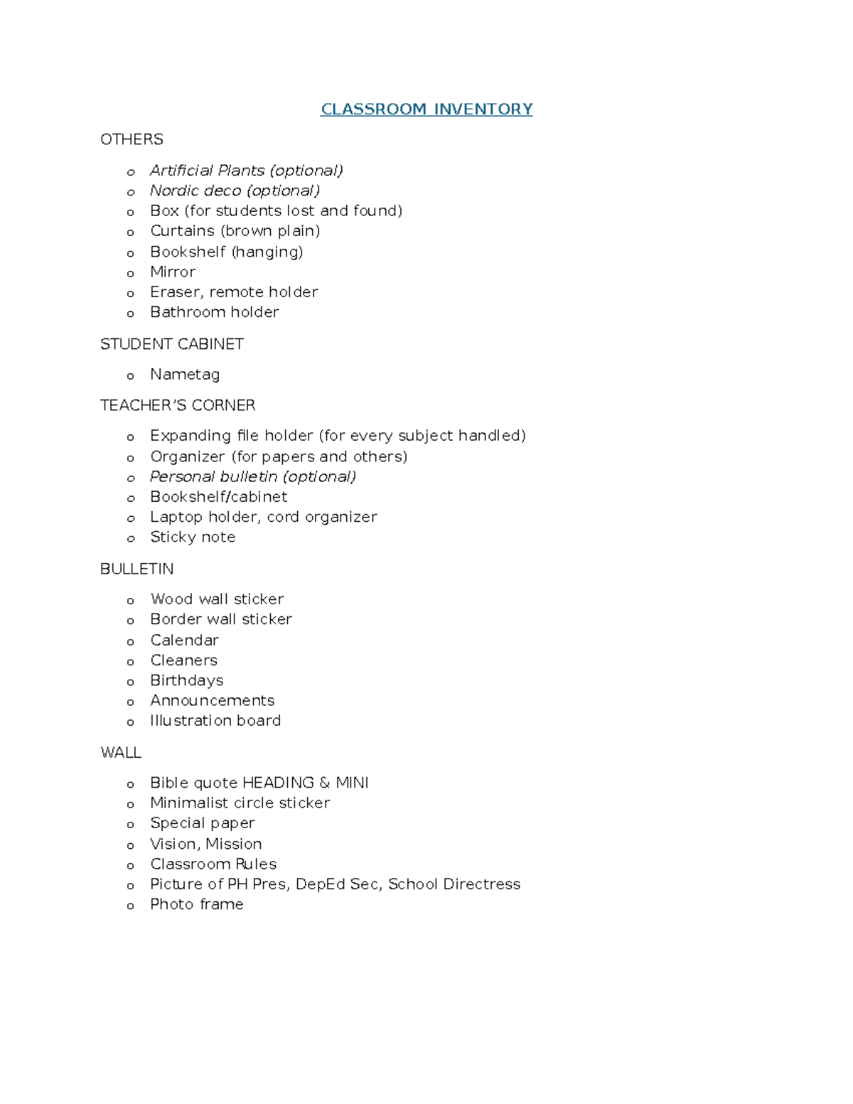 Classroom Inventory - CLASSROOM INVENTORY OTHERS o Artificial Plants ...