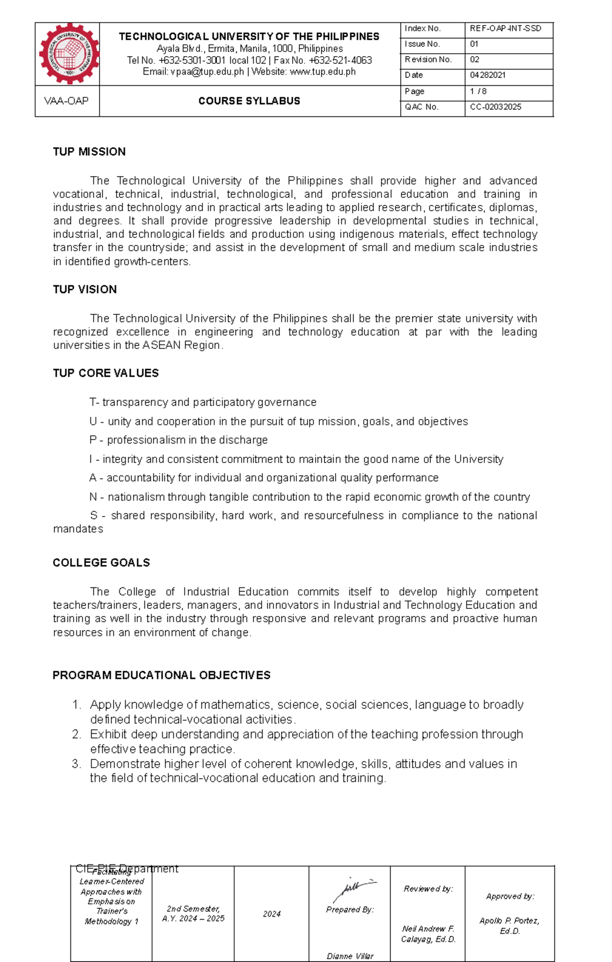 Profed 4 Syllabus 24 25 - this an book - TUP MISSION The Technological ...