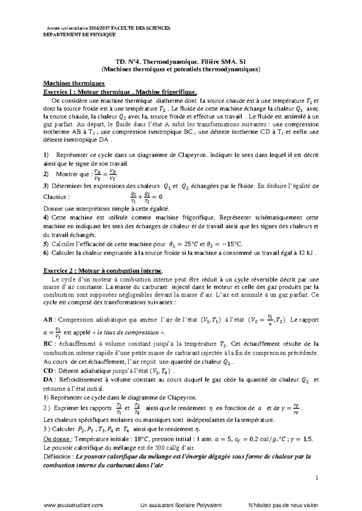TD 4 - Thermodynamique : Machines Thermiques et Cycles Energétiques ...