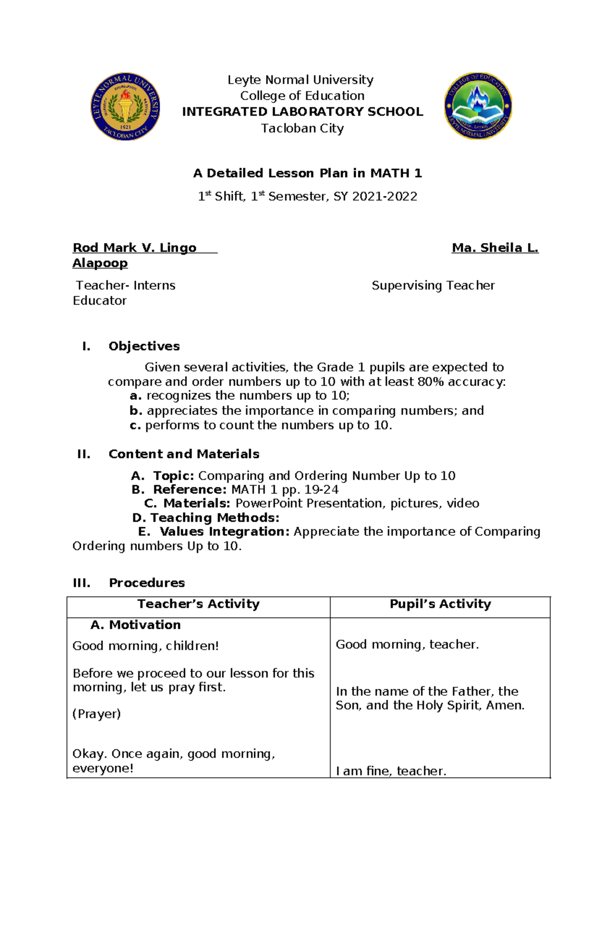 DLP MATH 1: Detailed Lesson Plan on Comparing & Ordering Numbers - Studocu