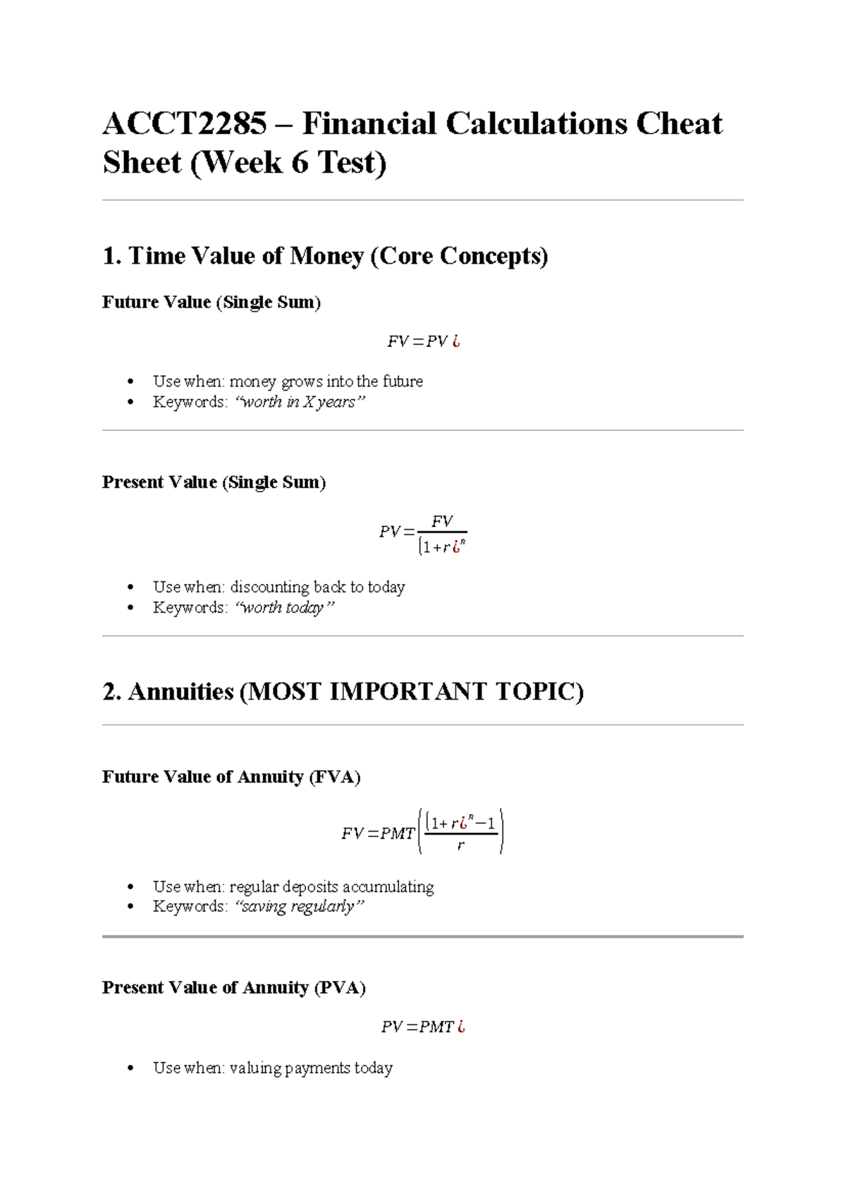 ACCT2285 Financial Calculations Cheat Sheet for Week 6 Test - Studocu